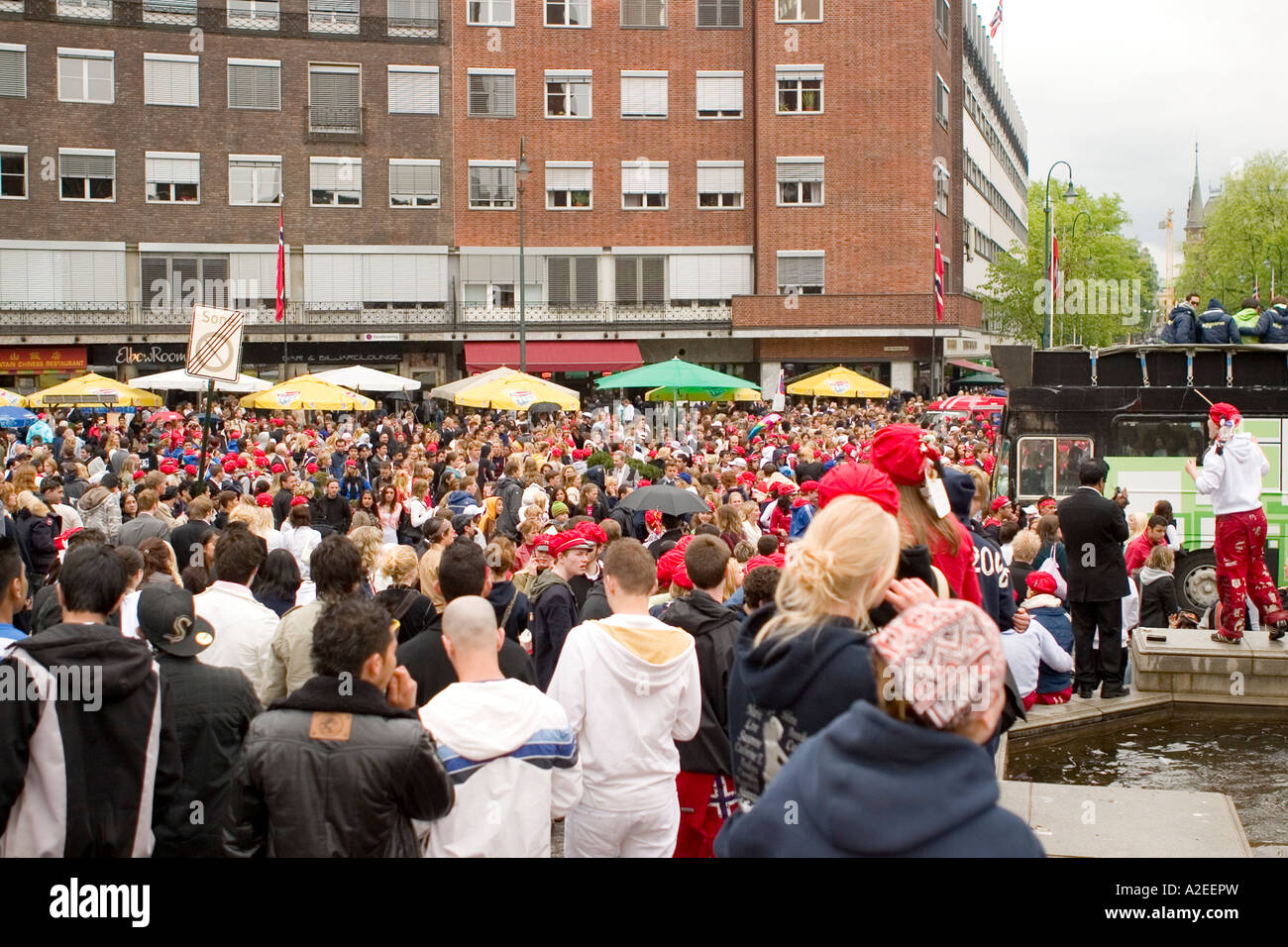 A large gathering of Russ the graduating class in Oslo Norway in front ...