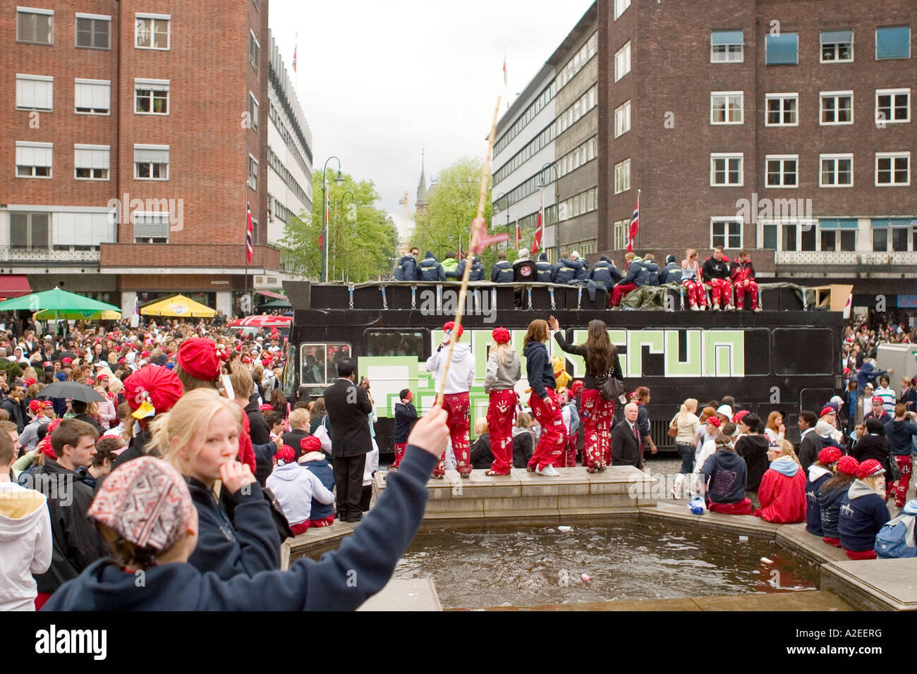 A large gathering of Russ the graduating class in Oslo Norway in front ...