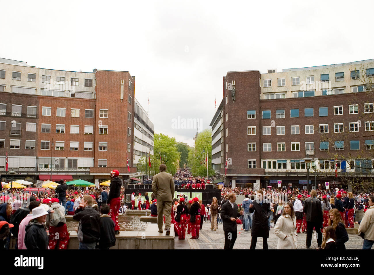 A large gathering of Russ the graduating class in Oslo Norway in front ...