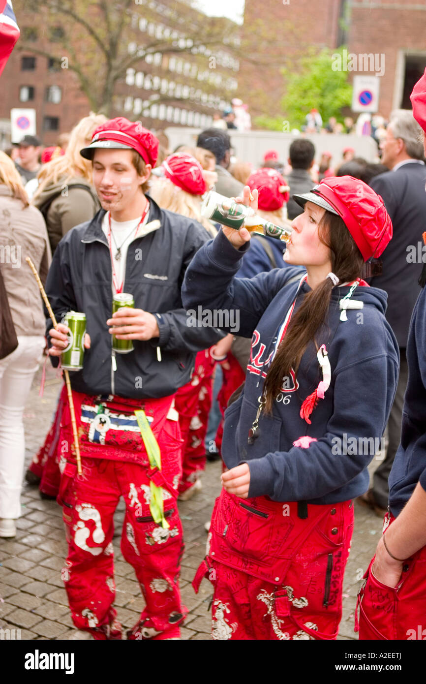 A large gathering of Russ the graduating class in Oslo Norway in front ...