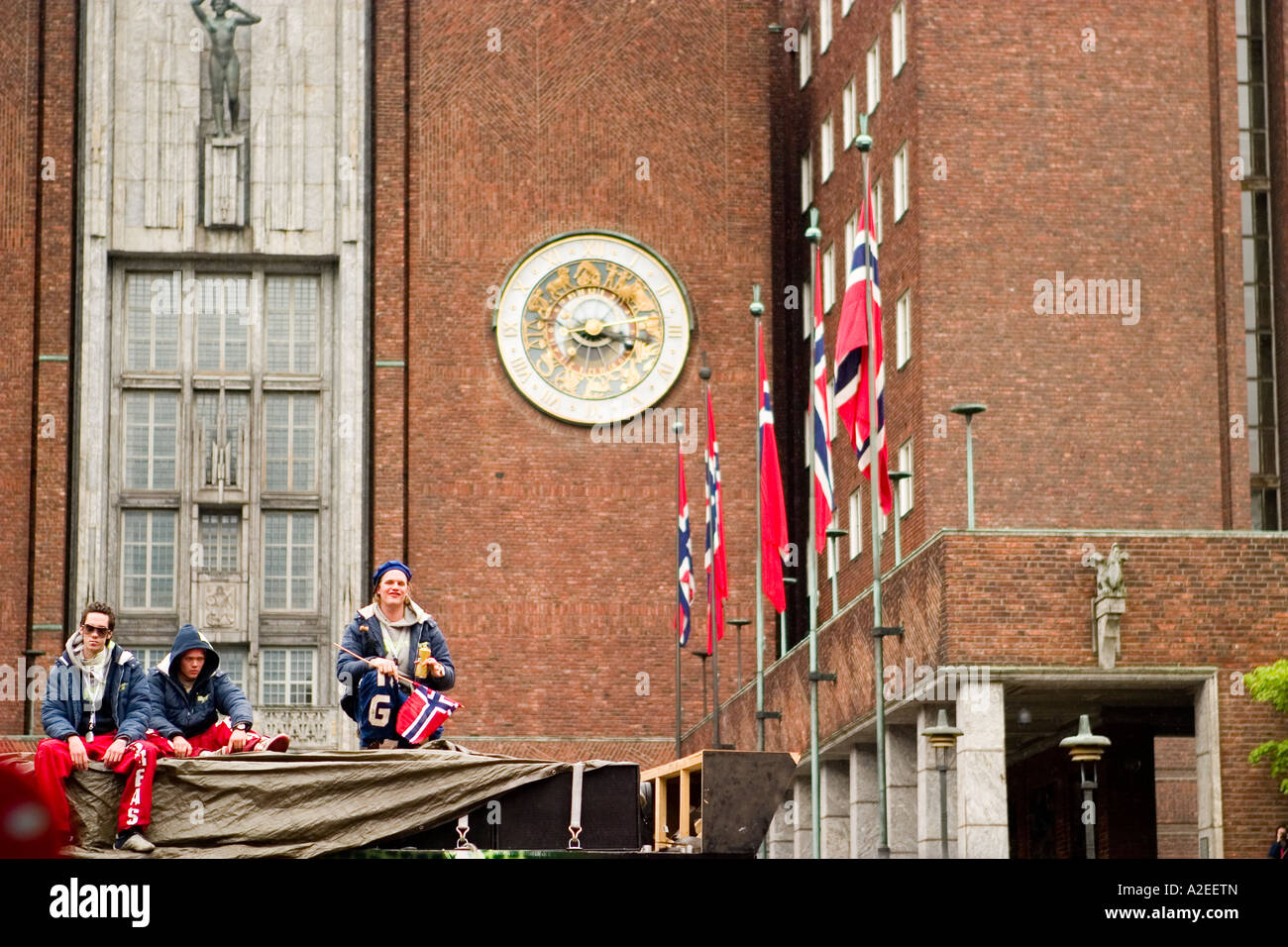 A large gathering of Russ the graduating class in Oslo Norway in front ...