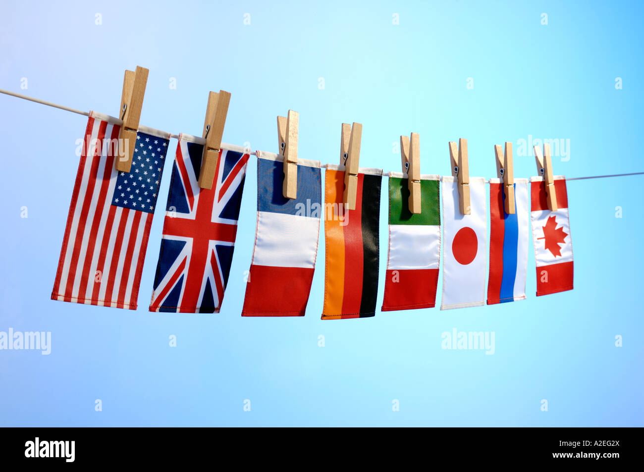 Flags of the G8 nations pegged on a washing line Stock Photo - Alamy