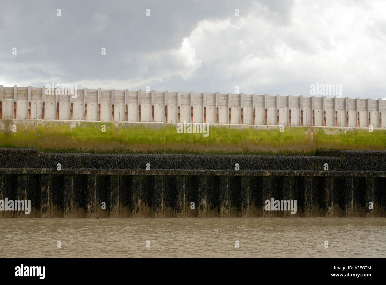 Newly built coastal defence made from concrete and steel piles at the ...