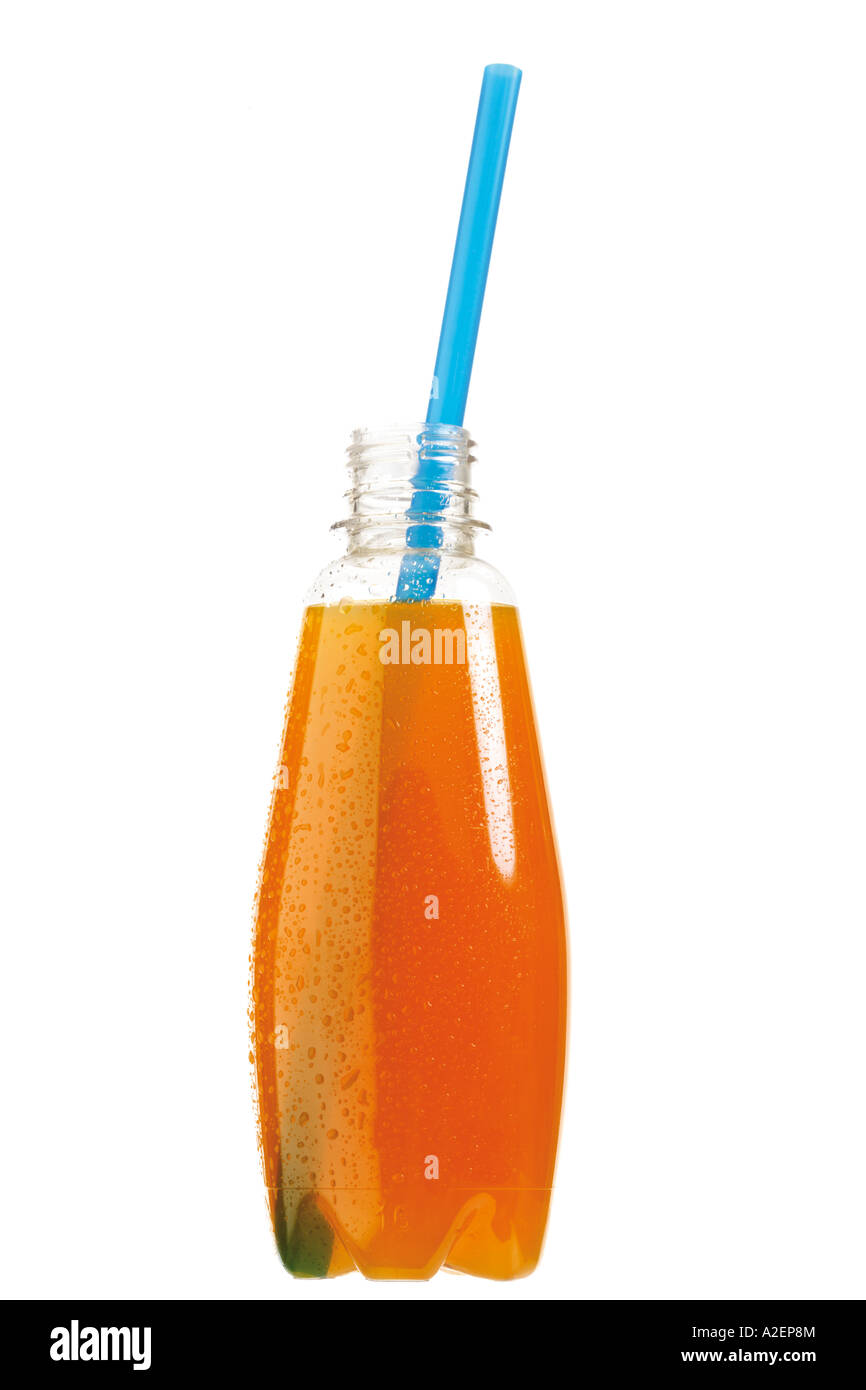 Bottle of orange liquid with blue straw Stock Photo - Alamy