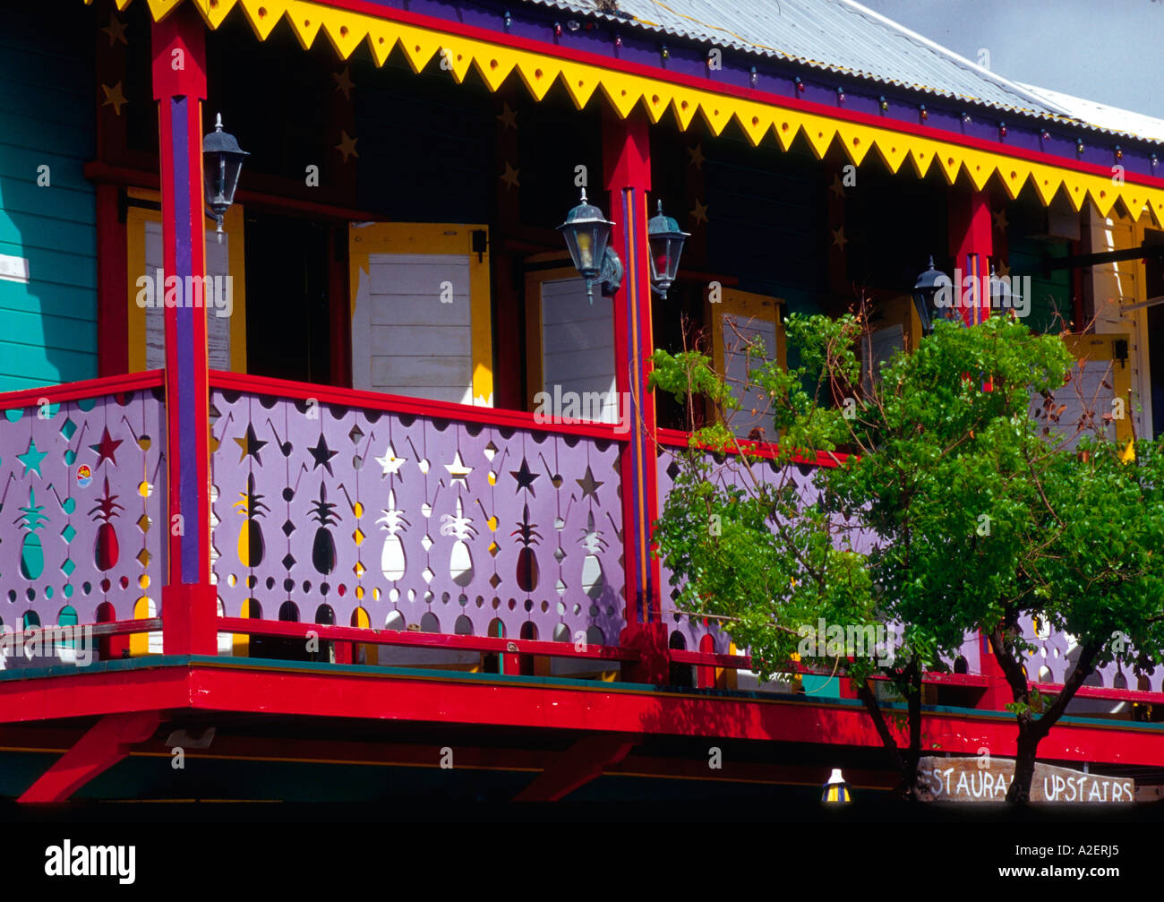 Caribbean, St. Maarten. Colorful buildings in Dutch Philipsburg Stock ...