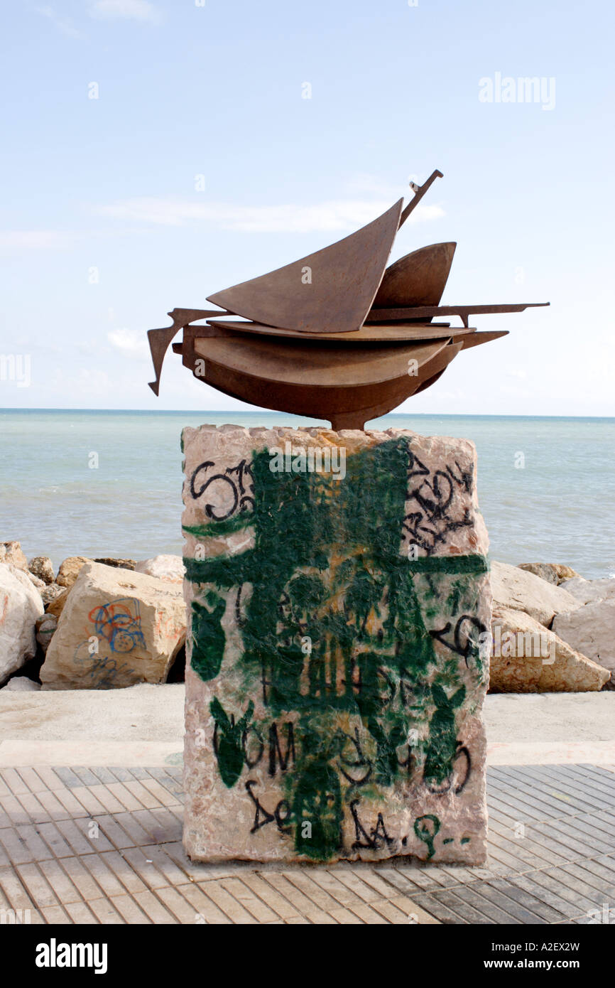Rusty sculpture of sailing ship on Altea seafront Costa blanca Spain ...