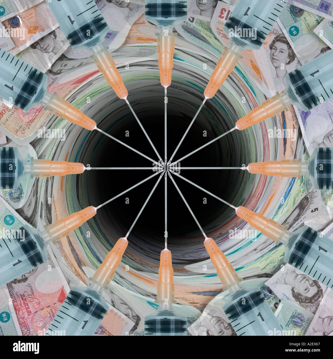 12 syringe needles falling into money black hole Stock Photo - Alamy