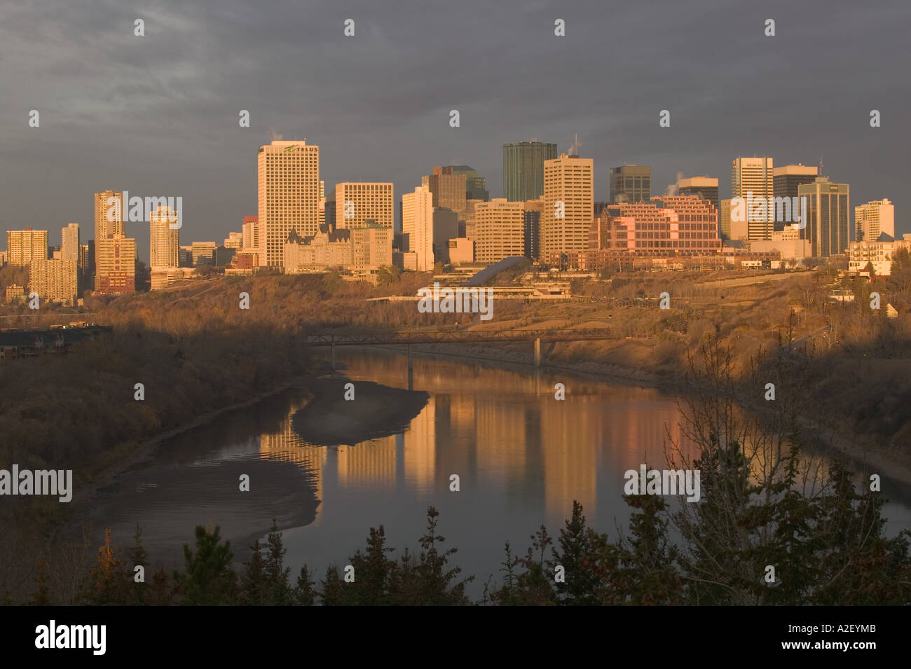 Canada, Alberta, Edmonton: Downtown Skyline / Dawn from above North ...