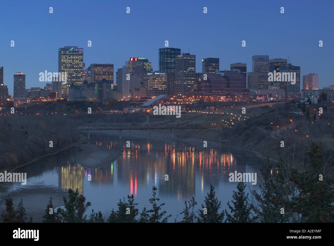 Canada, Alberta, Edmonton: Downtown Skyline / Evening from above North ...
