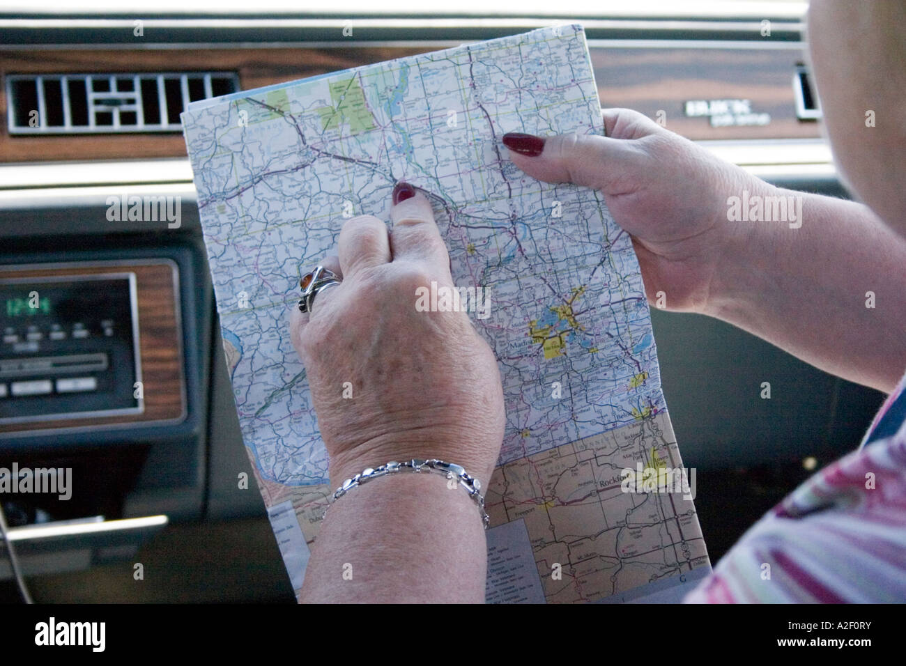 Reading map route in car Freeway 94. Elroy Wisconsin USA Stock Photo ...