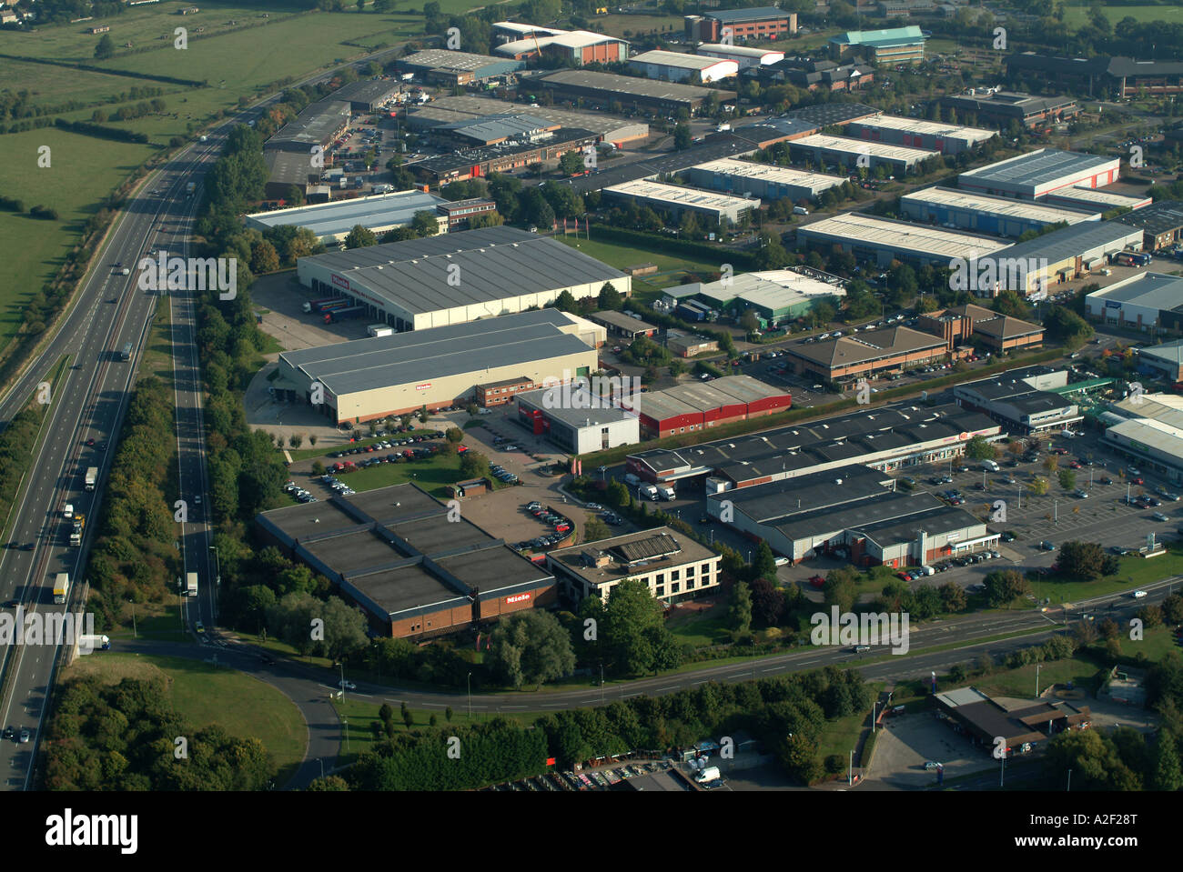 Aerial view of Fairacres retail park and A34, Abingdon, Oxfordshire ...