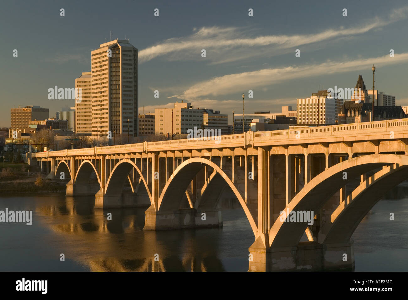 Canada, Saskatchewan, Saskatoon: Broadway Bridge View of the City Late ...