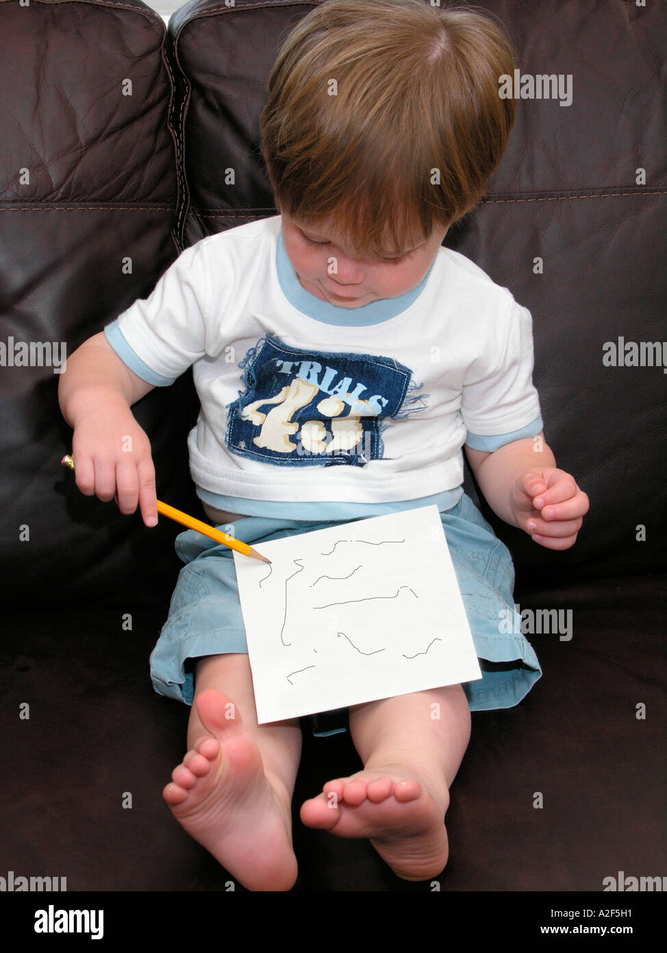 cheeky little boy with pencil and paper doodling and learning to draw ...