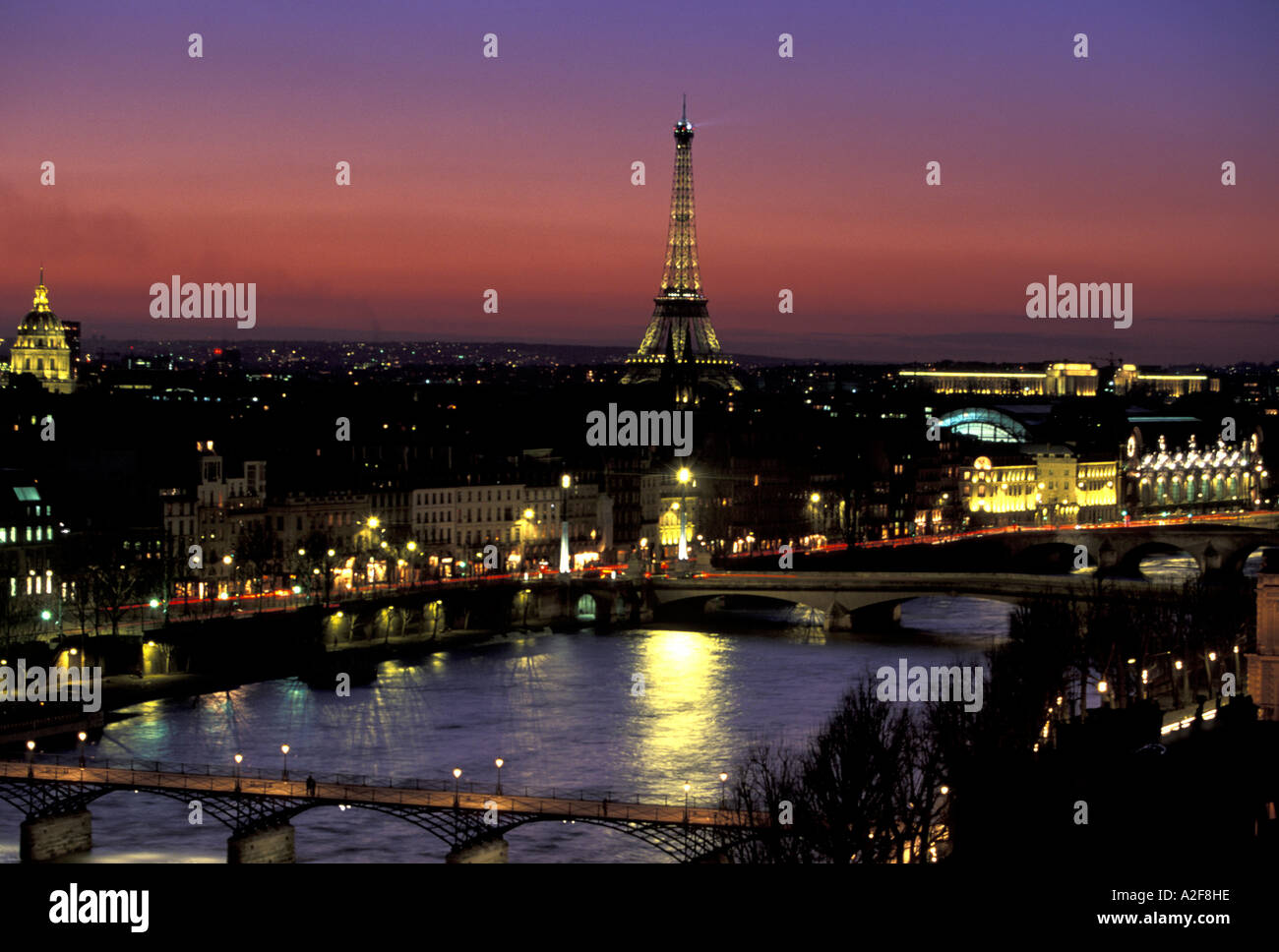 Europe, France, Paris, Sunset view of Eiffel Tower and River Seine ...