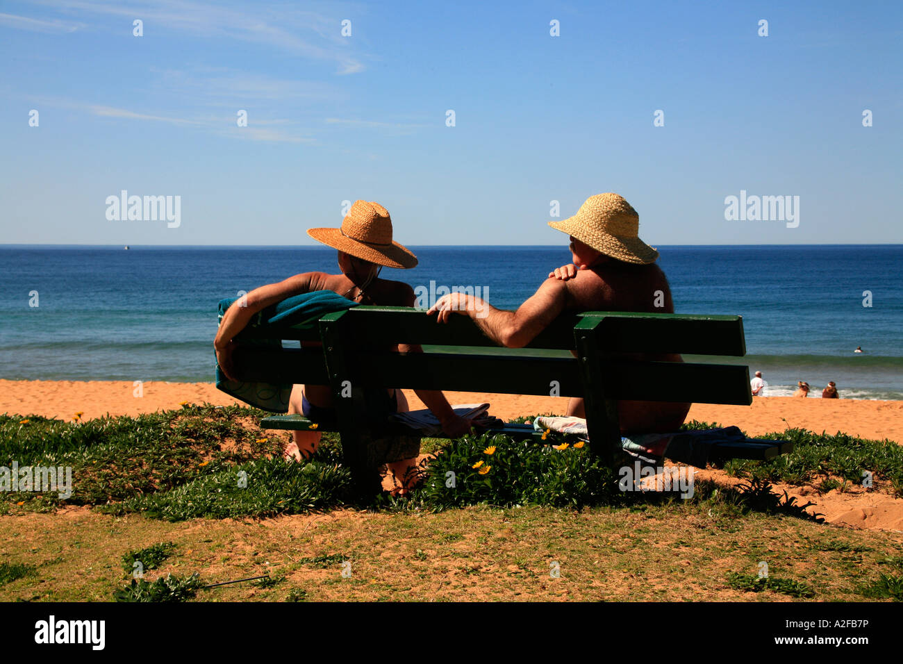 Aussie Blokes in sun-hats at Palm beach Sydney Australia Stock Photo ...