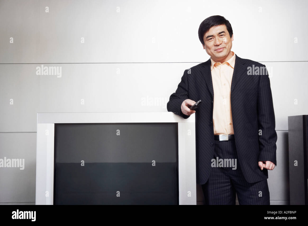 Portrait of a businessman standing by the side of a television smiling ...