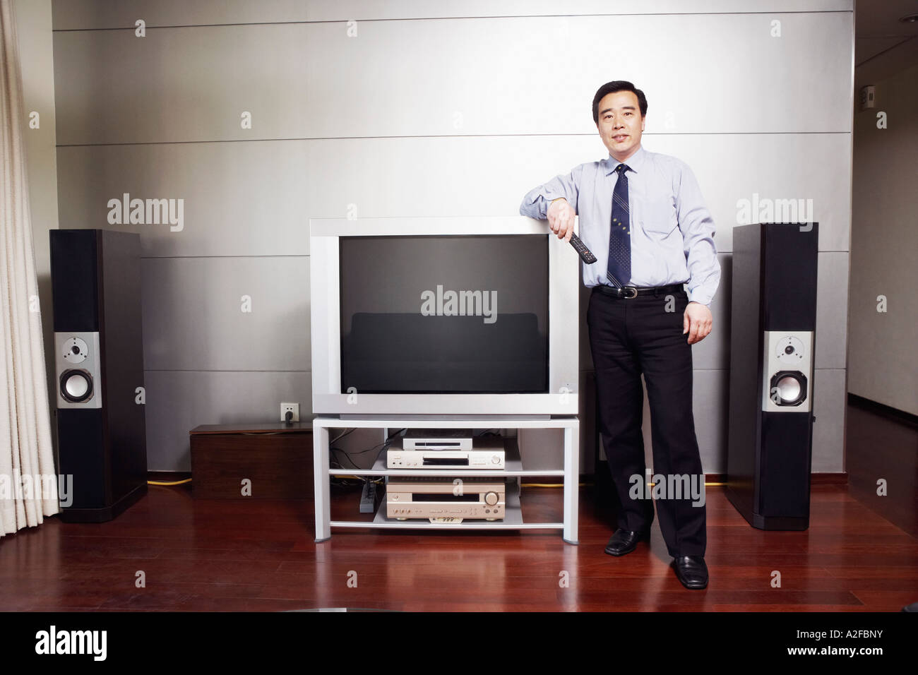 Portrait of a businessman standing by the side of a television Stock ...