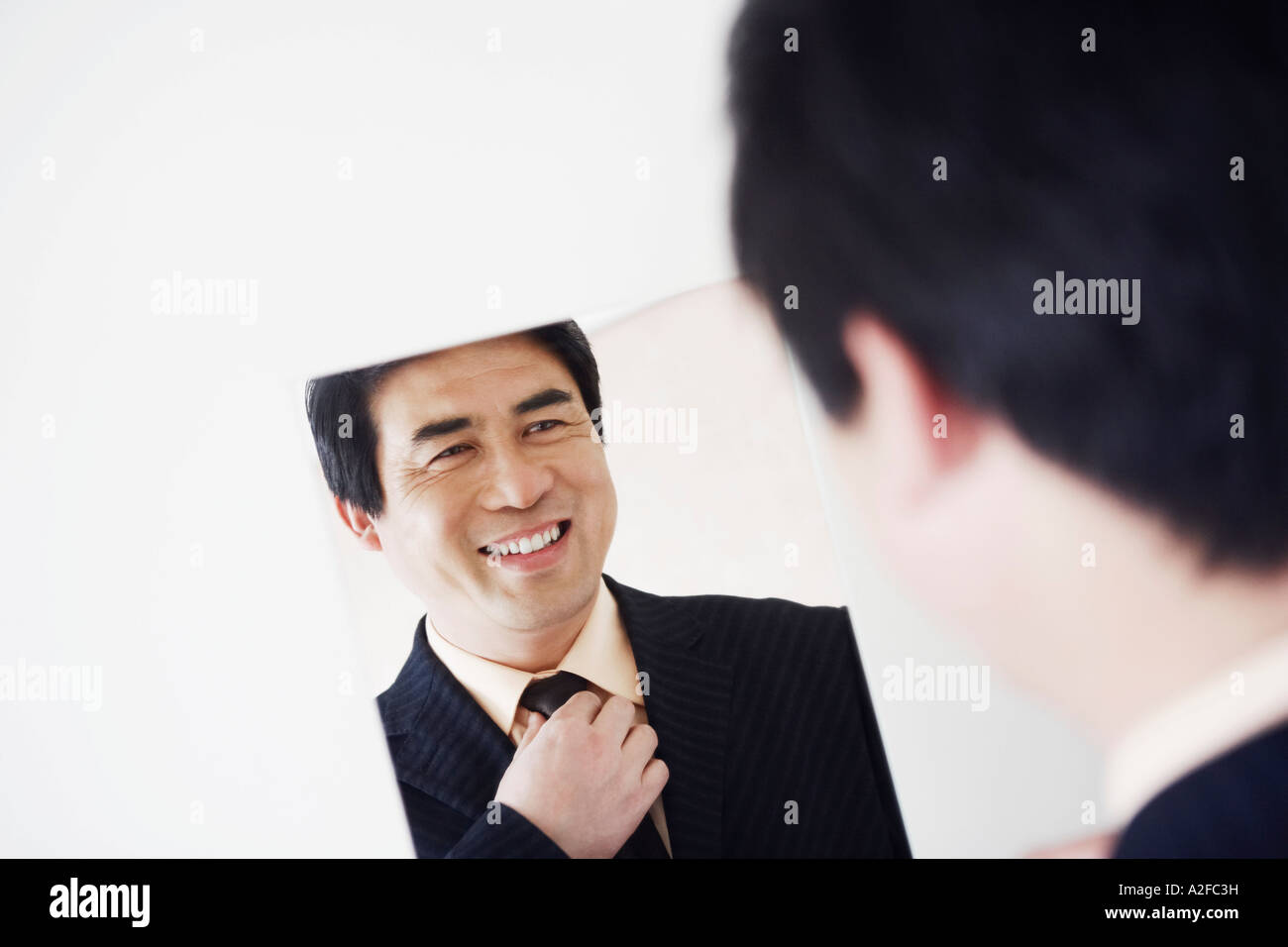 Rear view of a businessman looking into a mirror adjusting his tie ...