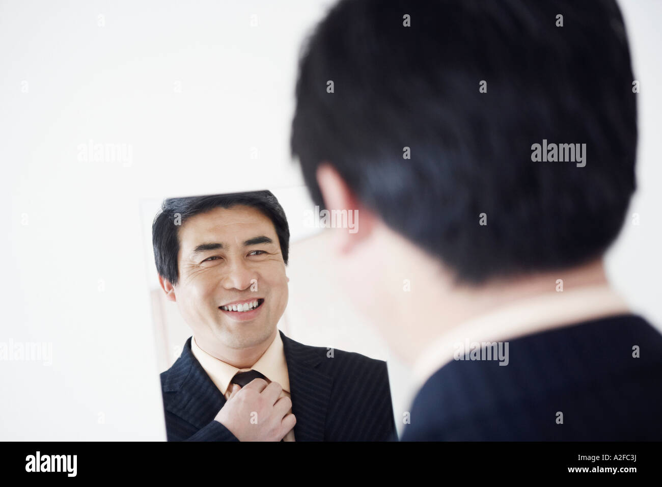 Rear view of a businessman looking into a mirror adjusting his tie ...