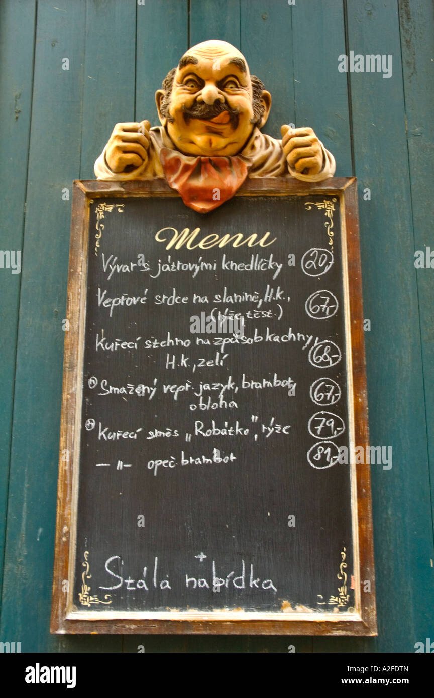 Menu outside a restaurant in central Prague the capital of Czech ...