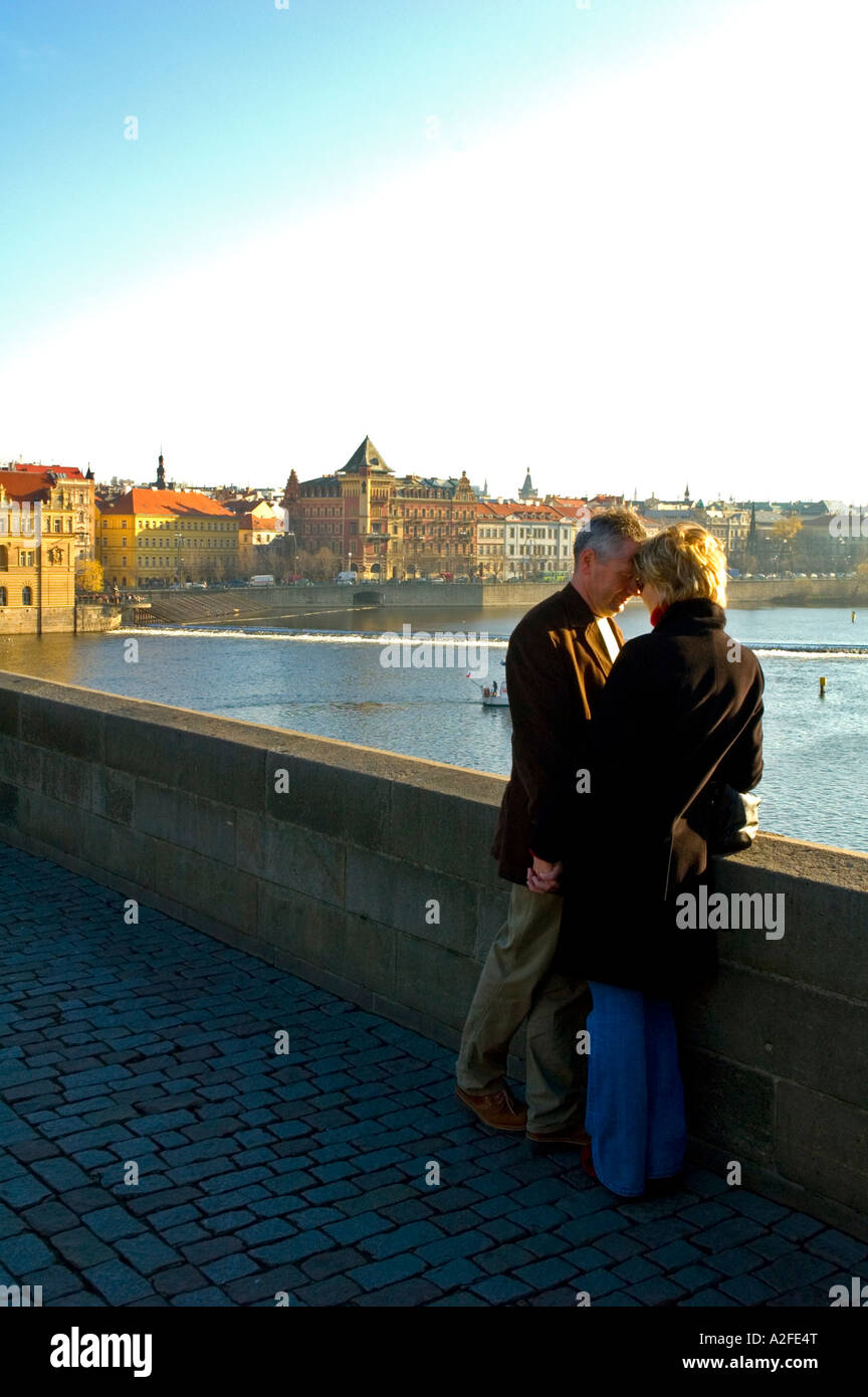 A couple in love on Charles Bridge in central Prague the capital of ...