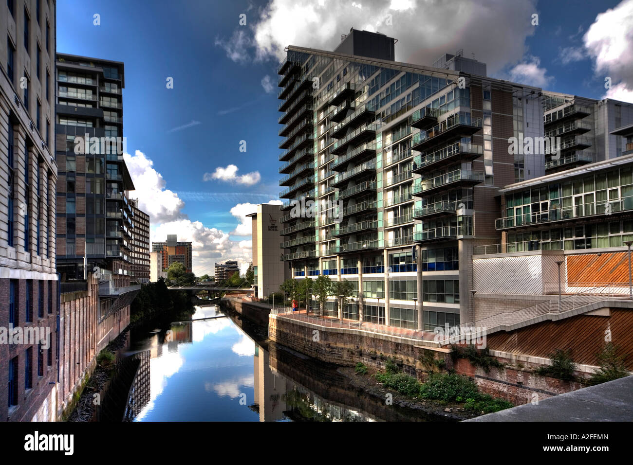 River Irwell Manchester UK looking south incorporating views of private ...