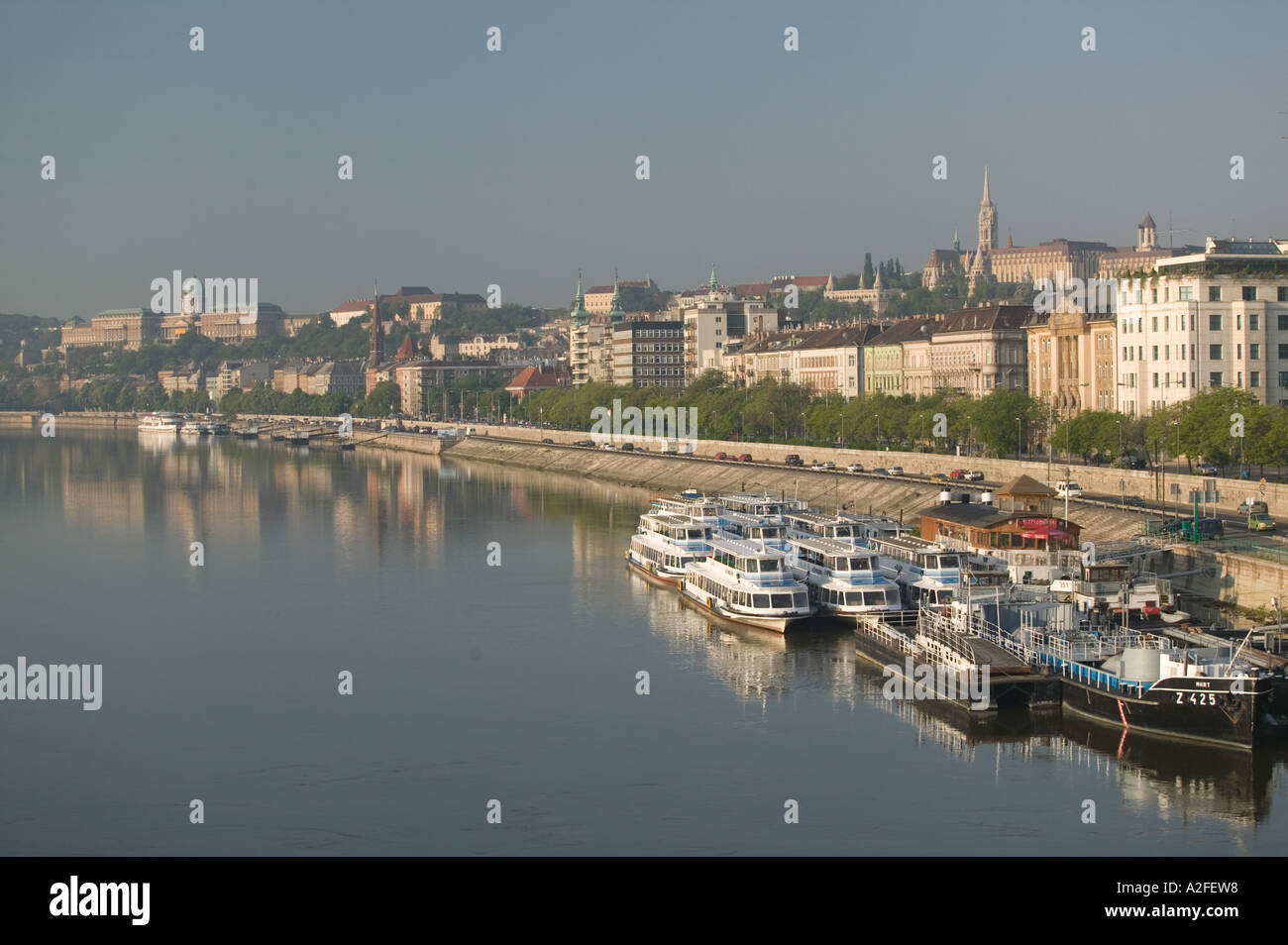 HUNGARY, Budapest: View of Danube Riverfront (Buda) & Riverboats from ...