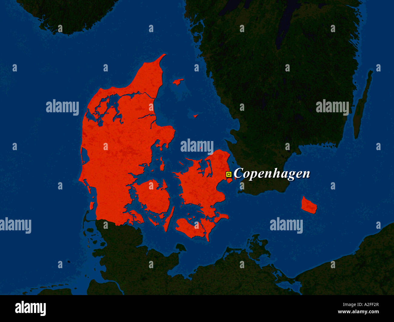 Highlighted Satellite Image Of Denmark With Capital Copenhagen Shown Stock Photo - Alamy