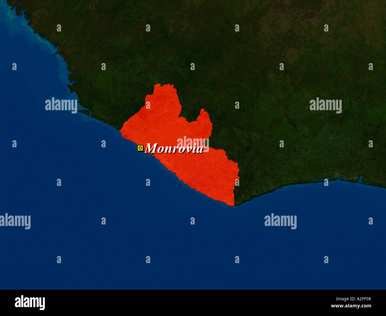 Highlighted Satellite Image Of Liberia With Capital Monrovia Shown ...