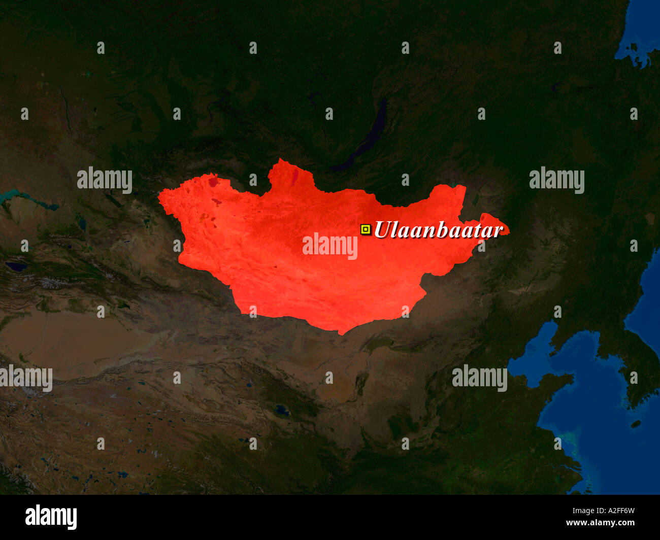 Highlighted Satellite Image Of Mongolia With Capital Ulaanbaatar Shown ...