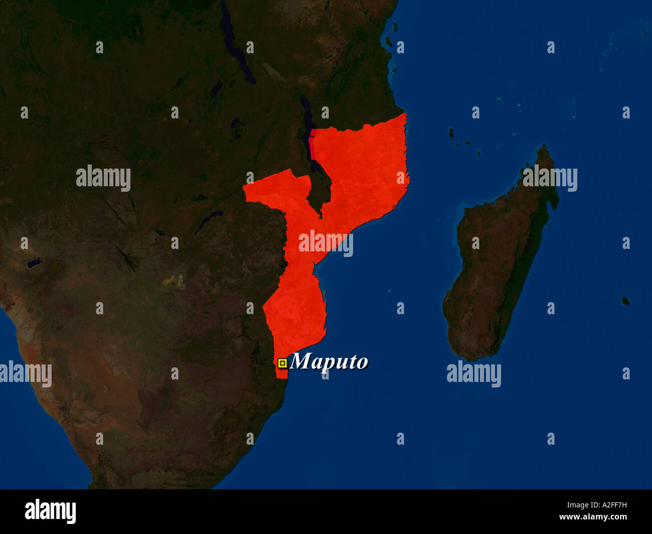 Highlighted Satellite Image Of Mozambique With Capital Maputo Shown ...