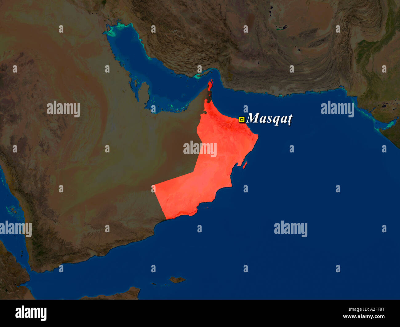 Highlighted Satellite Image Of Oman With Capital Masqat Shown Stock ...