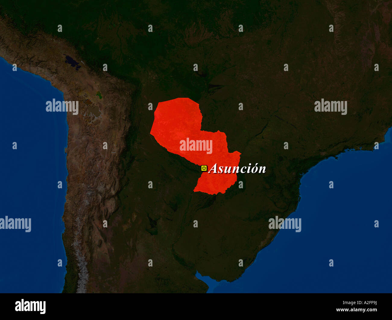 Highlighted Satellite Image Of Paraguay With Capital Asuncion Shown ...