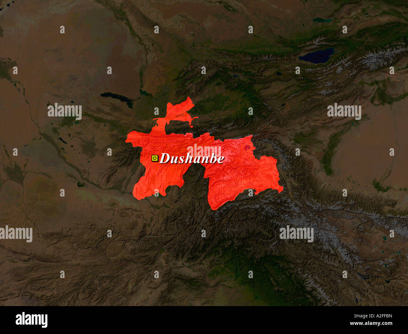 Highlighted Satellite Image Of Tajikistan With Capital Dushanbe Shown ...