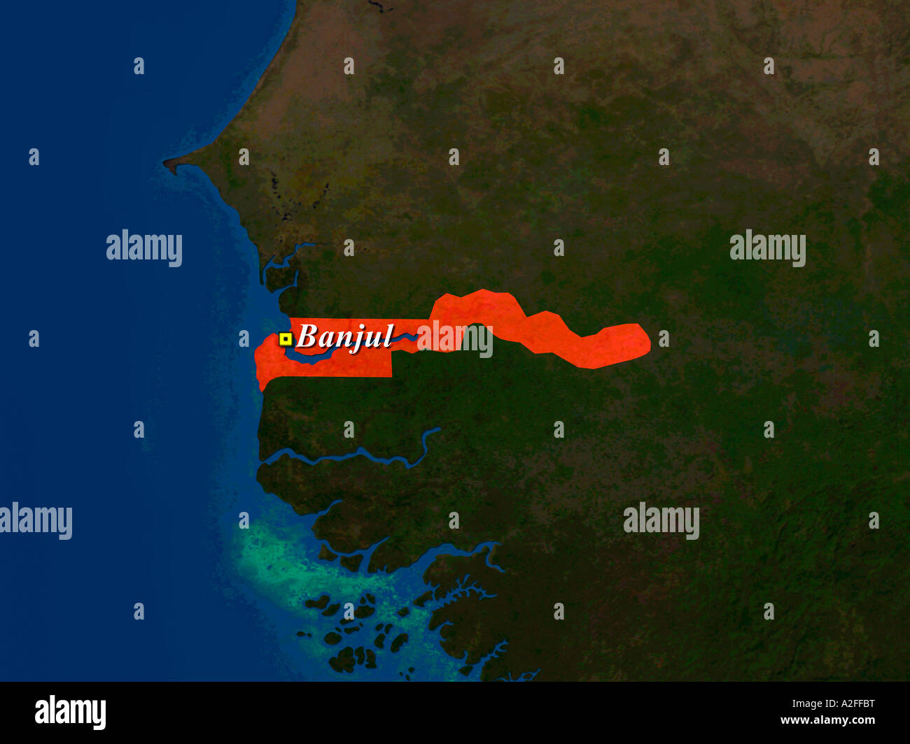 Highlighted Satellite Image Of The Gambia With Capital Banjul Shown ...