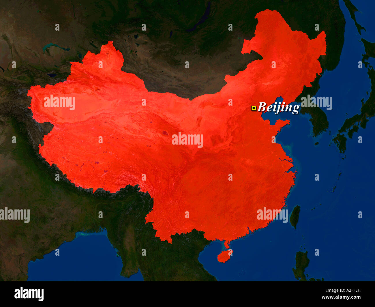 Highlighted Satellite Image Of China With The Capital Beijing Shown ...