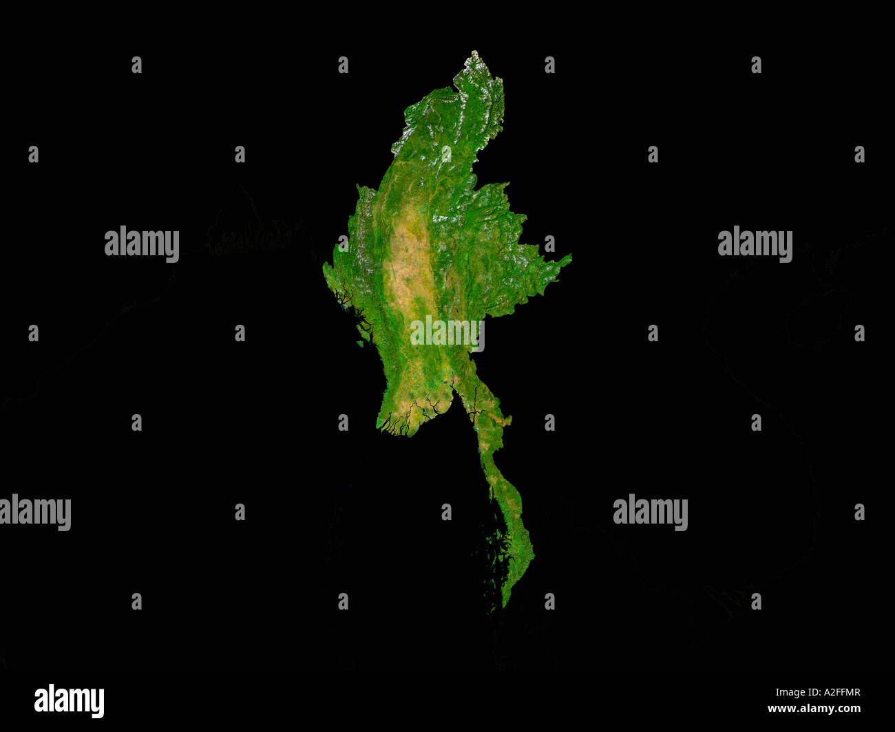 Highlighted Satellite Image Of Myanmar Without Surrounding Countries ...