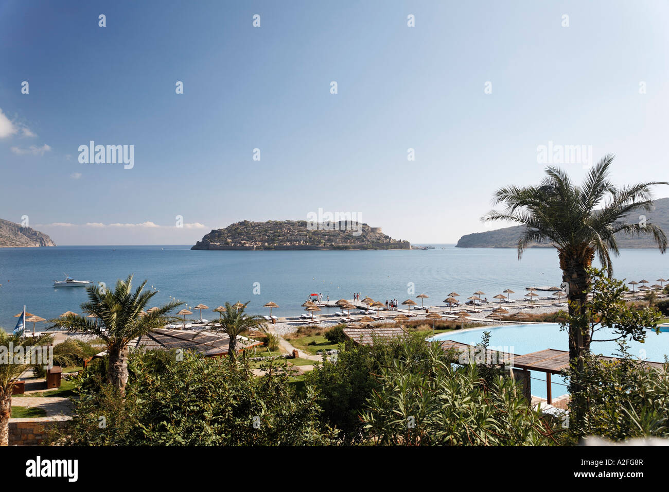 Spinalonga island, Hotel beach in Plaka, Eastern Crete, Greece Stock ...