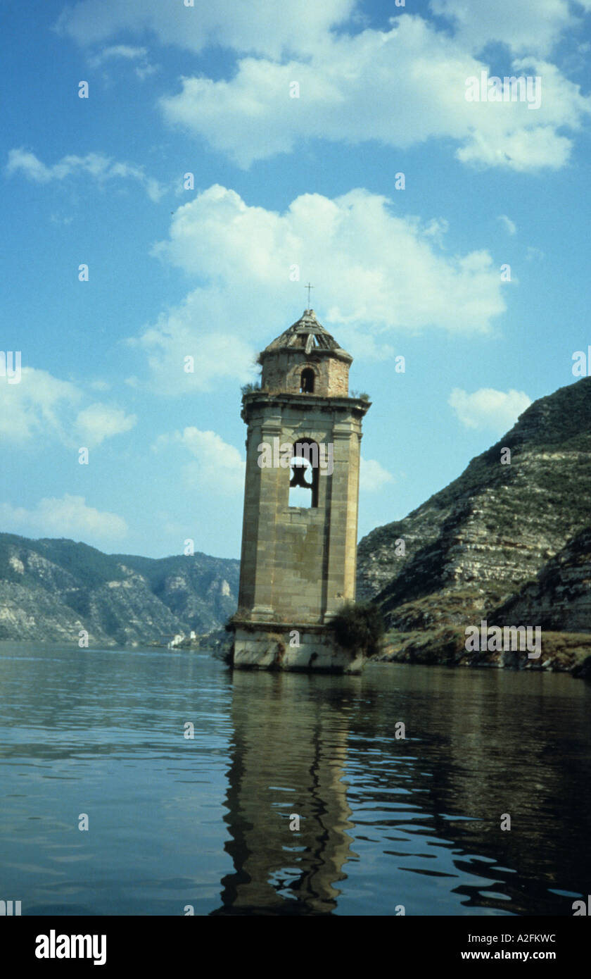 Drowned church on the Mequinensa reservoir on the Ebro near Zaragoza ...