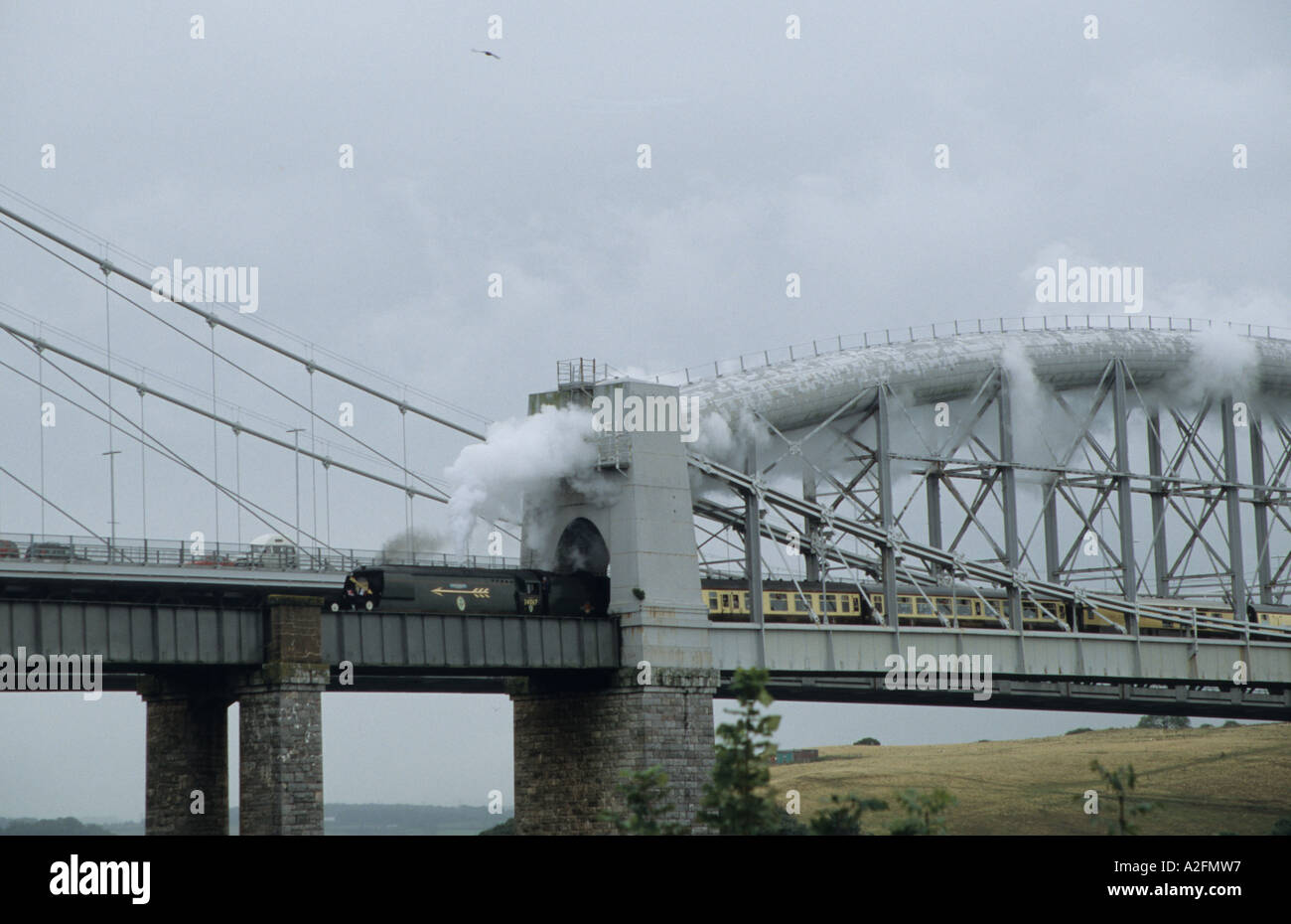Steam locomotive crossing the Brunel Royal Albert Bridge in saltash ...