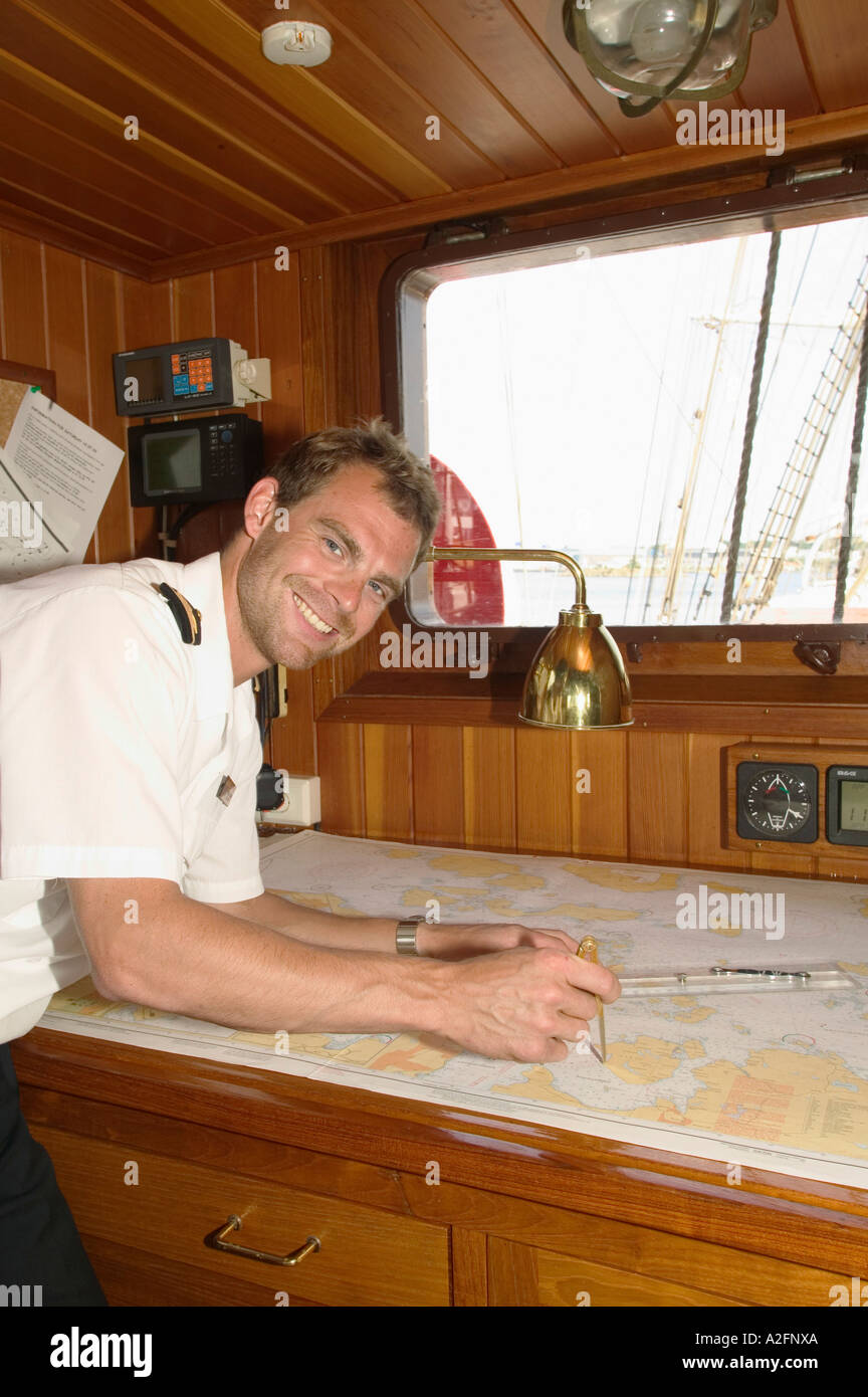 Charting course, Christian Radich, 1937 Stavanger harbor (MR Stock ...