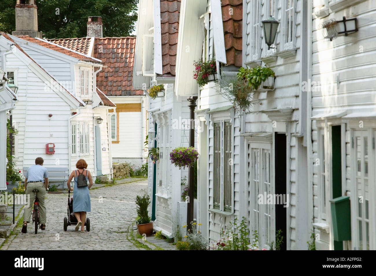 Coble stone Streets and white timber houses of the Stavanger Historical ...