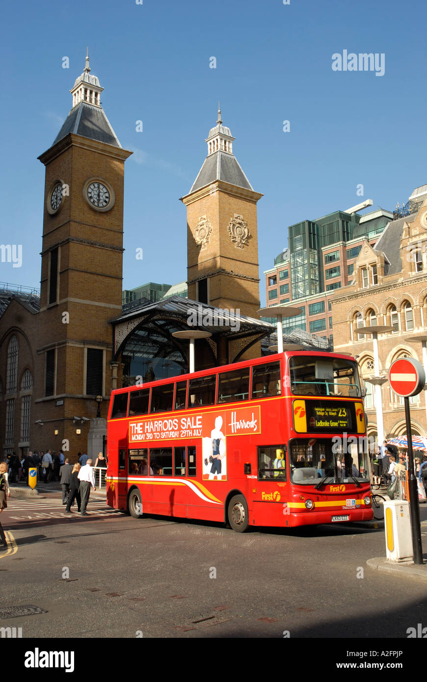 A London bus in front of Liverpool Street mainline railway station City ...