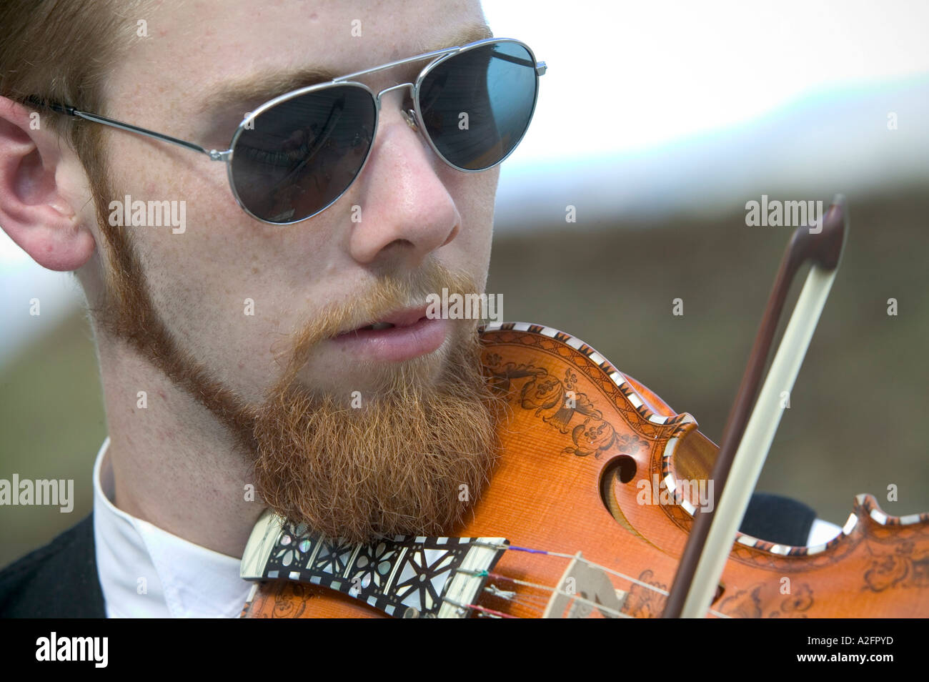 Hardanger fiddle, traditional Norwegian folk music, adorned in mother ...