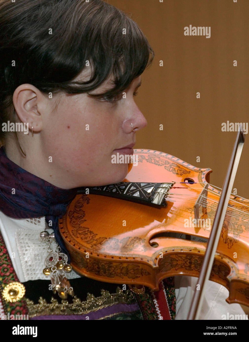 Hardanger fiddle, traditional Norwegian folk music with mother-of-pearl ...