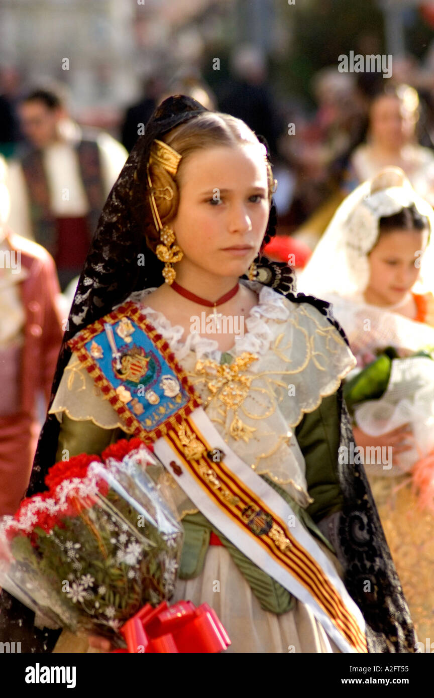 YOUNG WOMAN IN LAS FALLAS FIESTA PROCESSION IN VALENCIA. SPAIN Stock ...