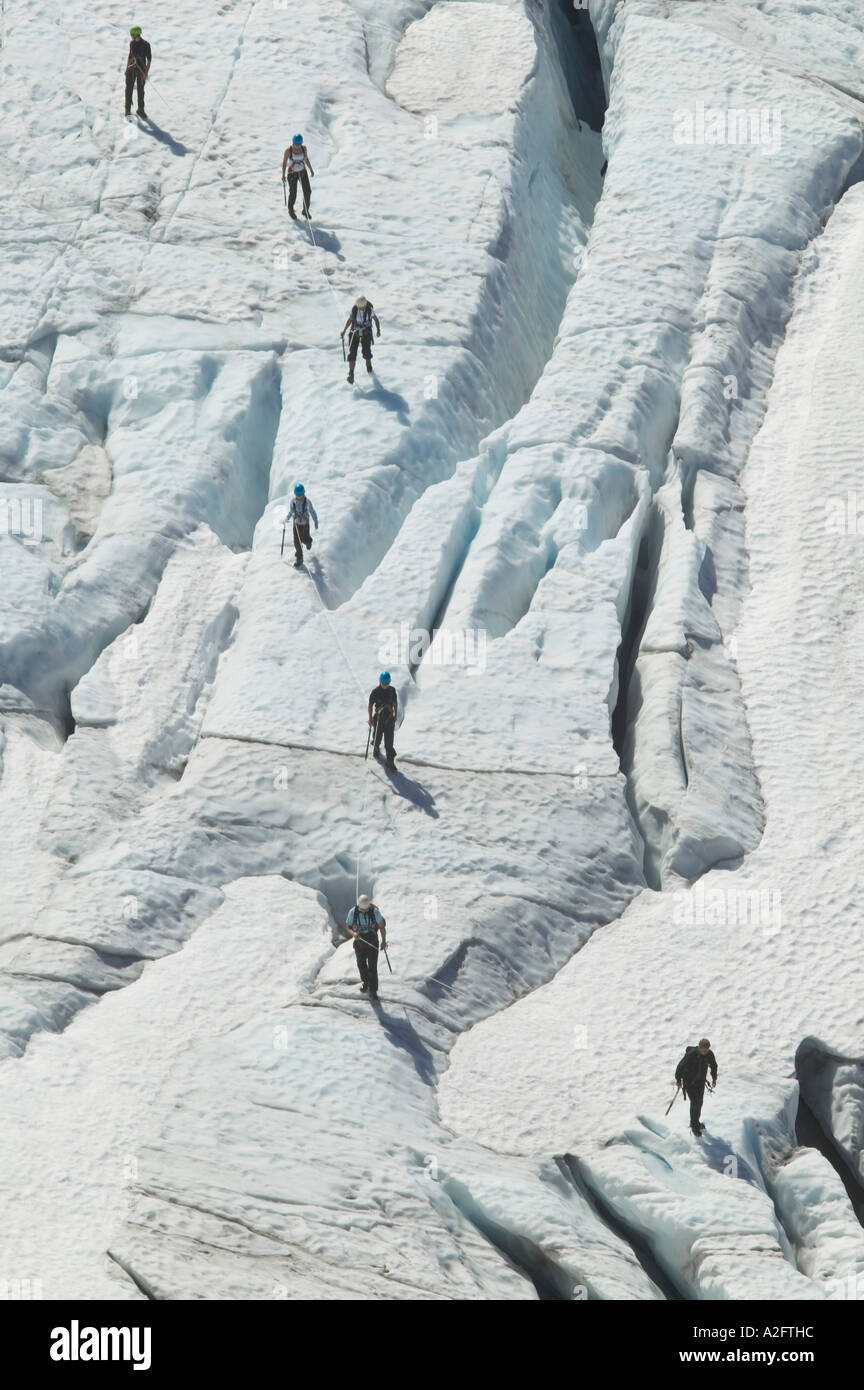 Glacier hikers wind through the blue ice crevices and over snow fields ...