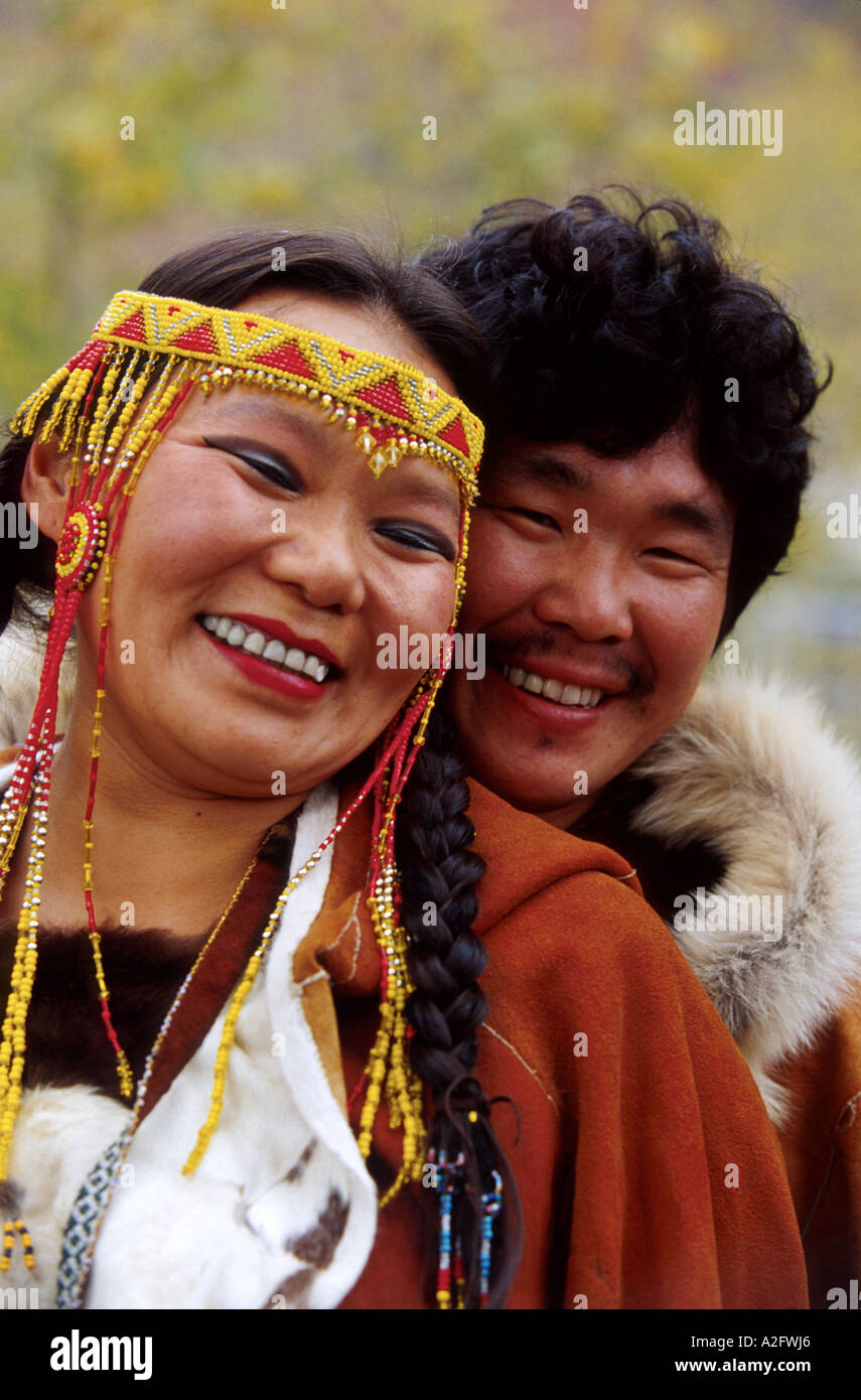 ASIA, Russia, Kamchatka Young couple in traditional costume. Nowadays ...