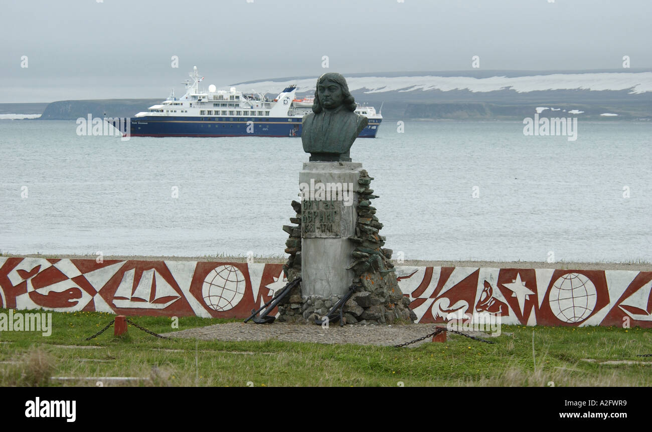 Russia, Bering Sea, Komandor Islands. Statue of Russian navigator Vitus ...