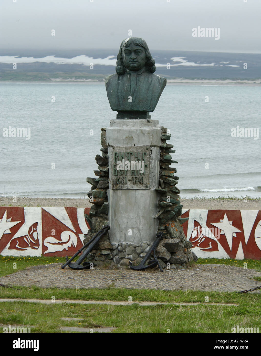 Russia, Bering Sea, Komandor Islands. Statue of Russian navigator Vitus ...